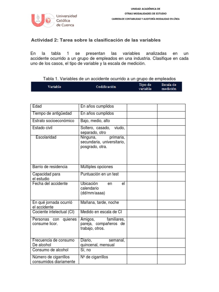 Actividad 2 Tarea Sobre La Clasificación De Las Variables Pdf