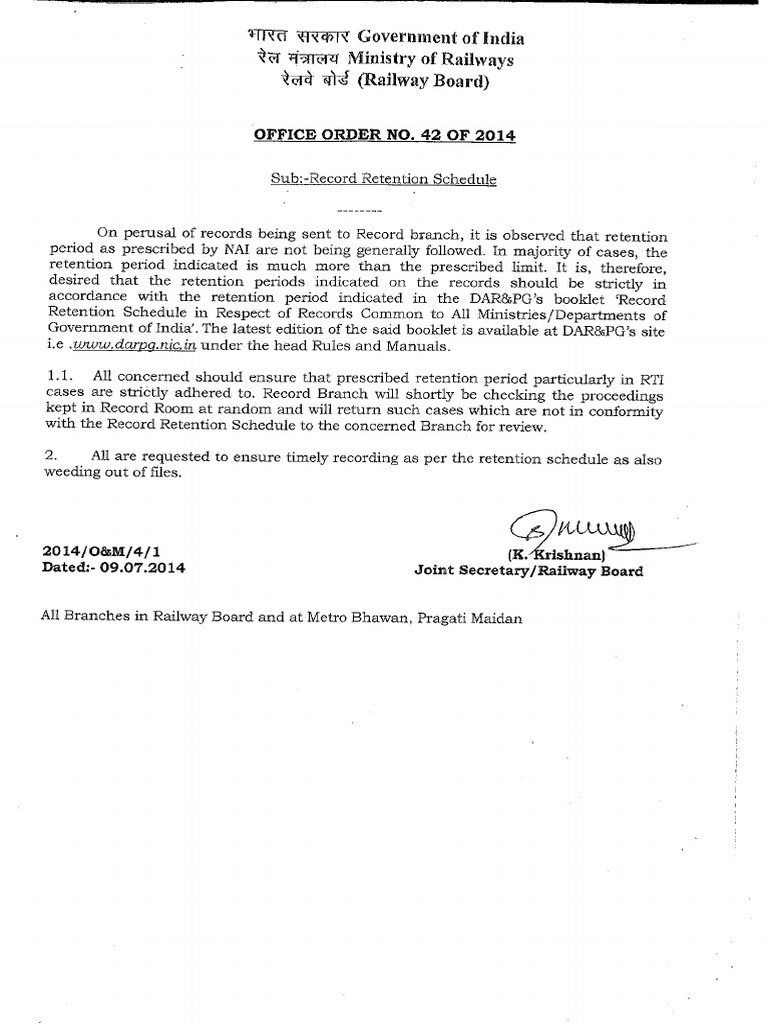 Railway Board Record Retention | PDF