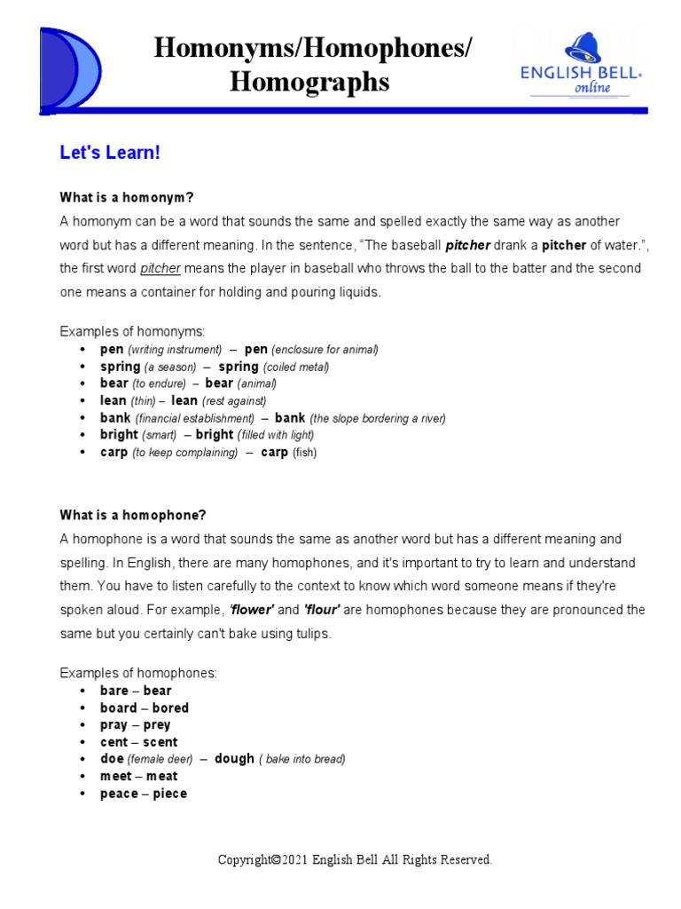 5 Homonyms Homophones Homographs | PDF