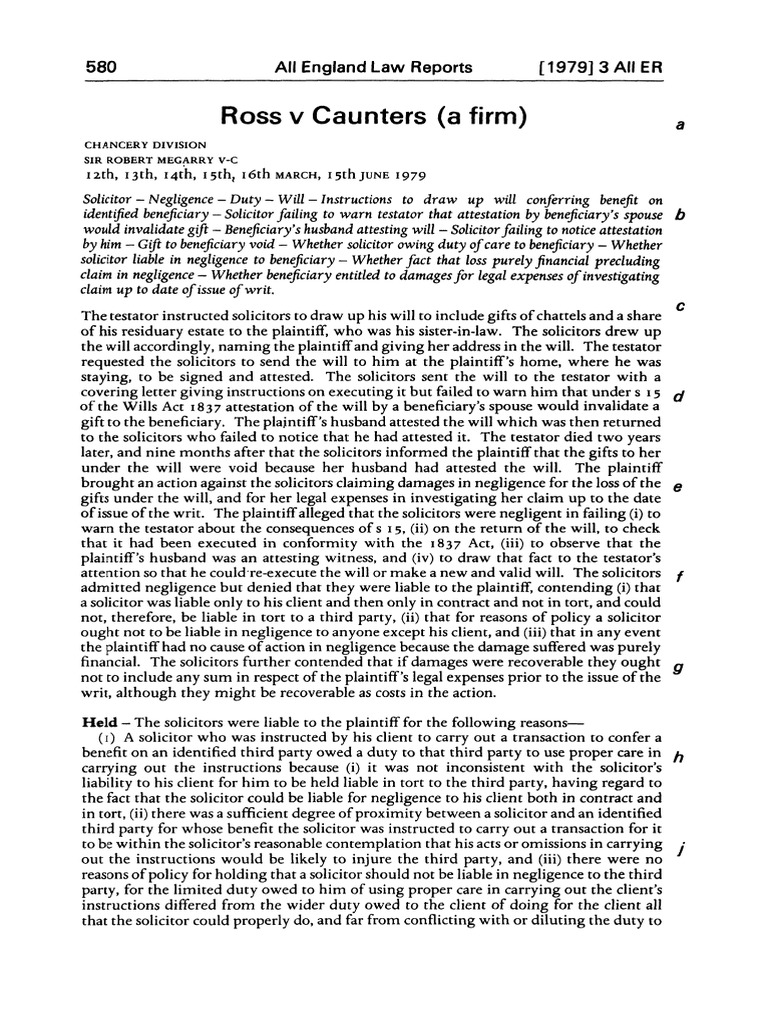 Ross V Caunters (A Firm) (1979) 3 All ER 580 | PDF