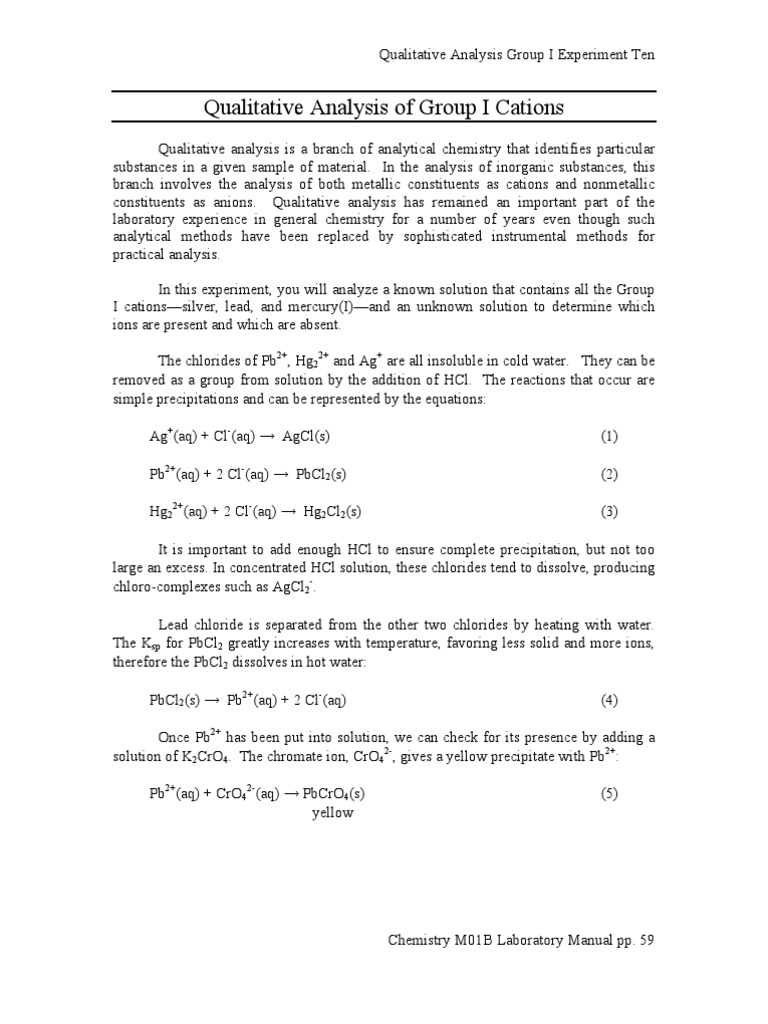 Qualitative Analysis of Group I Cations: Separating Silver, Lead, and ...