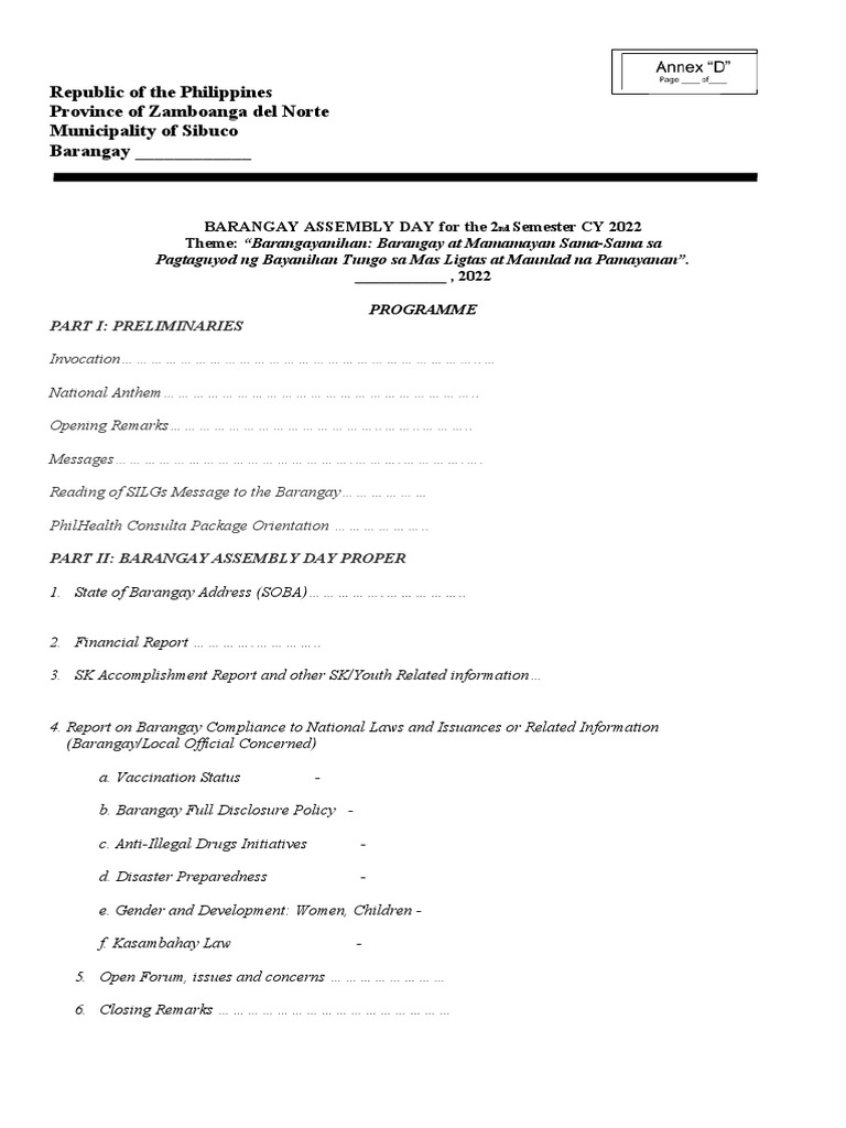Barangay Assembly Format 2022 | PDF