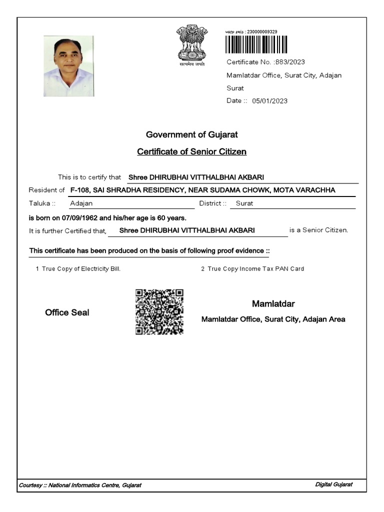 Government of Gujarat Certificate of Senior Citizen: 1 True Copy of ...