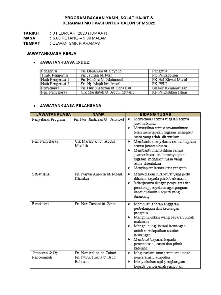 Ajk & Tentatif Solat Hajat, Bacaan Yasin & Ceramah Motivasi SPM 2022 | PDF