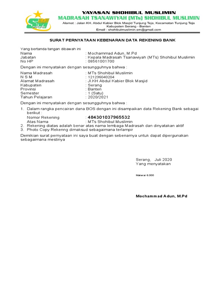 05 Surat Pernyataan Kebenaran Data Rek. Bank | PDF