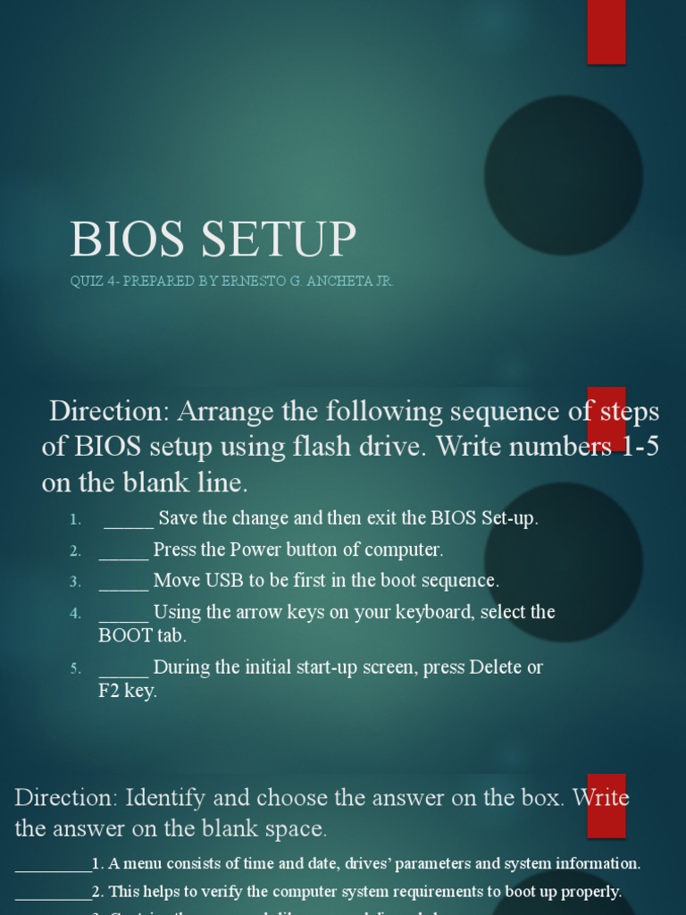 BIOS Setup Steps and Answers Guide | PDF | Computers