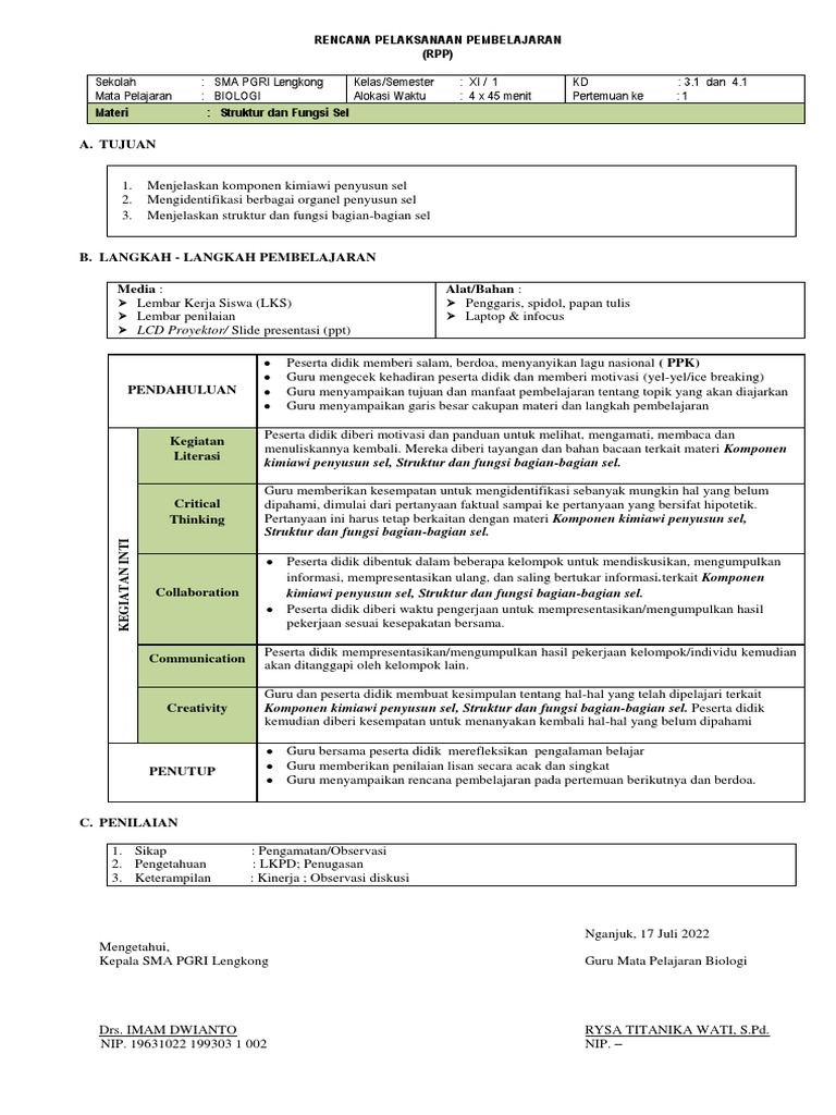 RPP Biologi - KD 3.1 Dan 4.1 Struktur Dan Fungsi Sel | PDF
