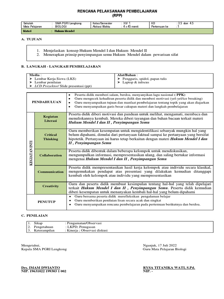 RPP Biologi - KD 3.5 Dan 4.5 Hukum Mendel | PDF