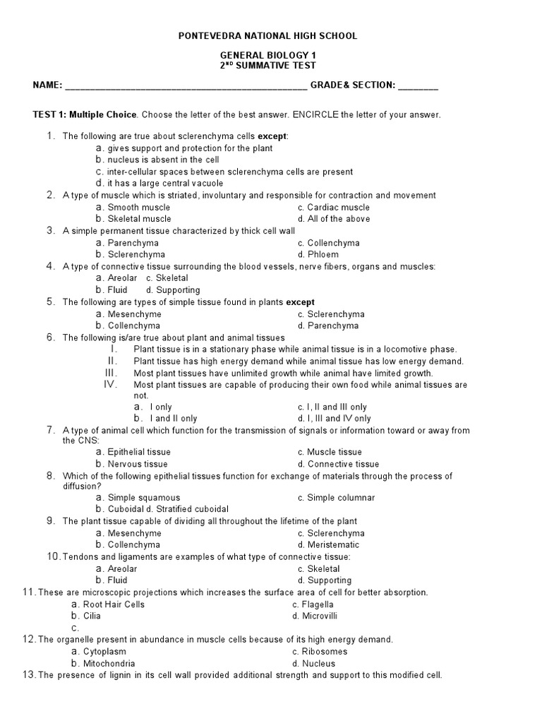 General Biology Summative Test 2 | PDF | Tissue (Biology) | Cell (Biology)