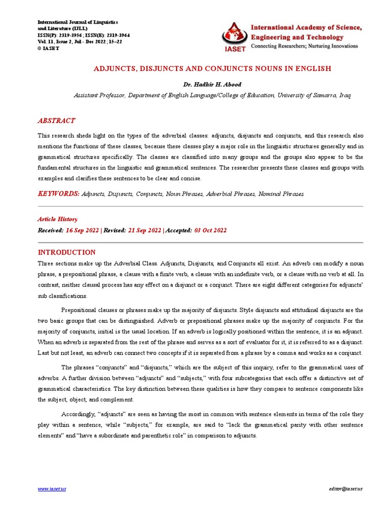 IJLL - Adjuncts, Disjuncts and Conjuncts Nouns in English - 1 | PDF | Adverb | Clause