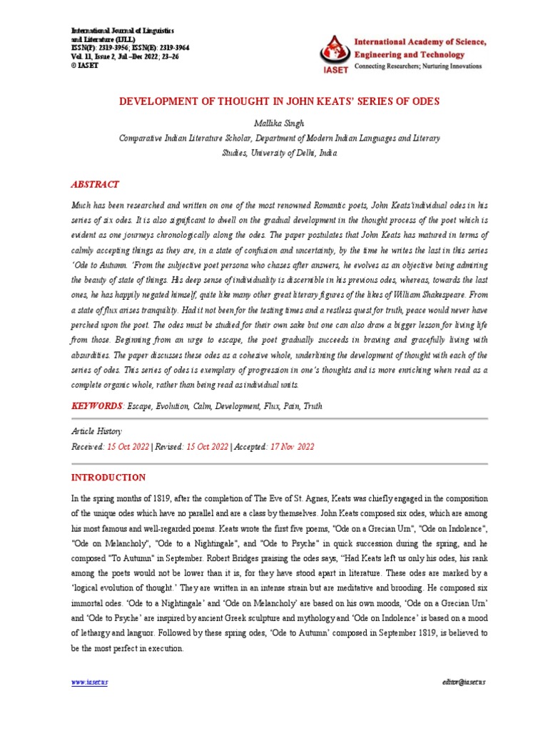 IJLL - Development of Thought in John Keats' Series of Odes - 1 | PDF | John Keats | Poetry