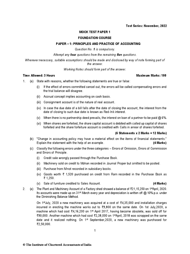 ICAI MOCK TEST CA FOUNDATION DECEMBER 2022 Paper 1 Principles and | PDF ...