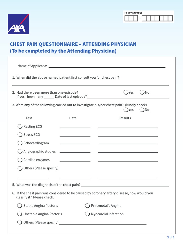 Chest Pain Questionnaire - Attending Physician | PDF | Myocardial ...
