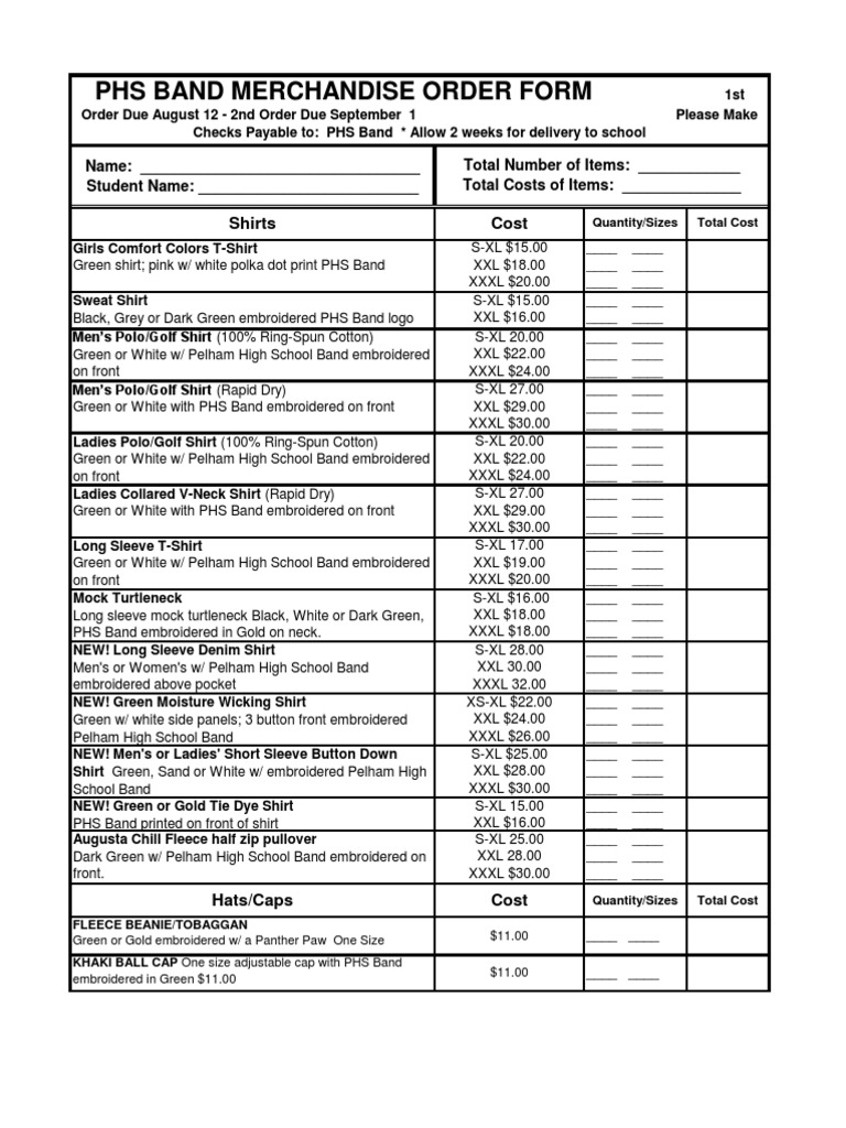 PHS Band Order Form | PDF | Shirt | Sweater