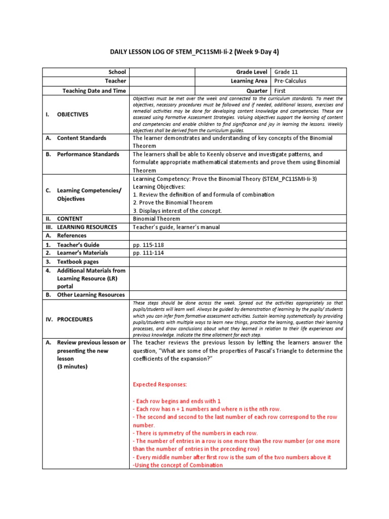 Daily Lesson Log of Stem - Pc11Smi-Ii-2 (Week 9-Day 4) | PDF | Learning ...