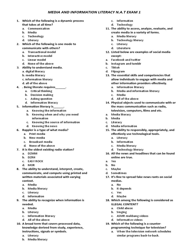 MEDIA AND INFORMATION LITERACY EXAM | PDF | Media (Communication ...