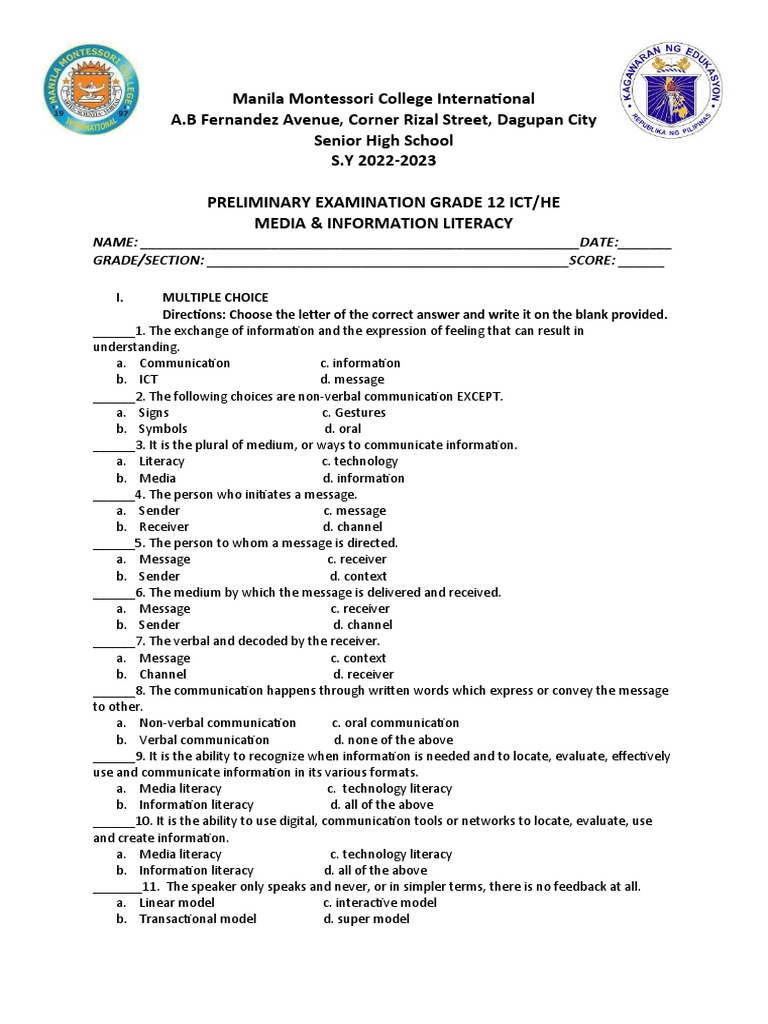 Preliminary Exam Mil Shs | PDF | Communication | Information Preliminary Exam Mil Shs | PDF | Communication | Information