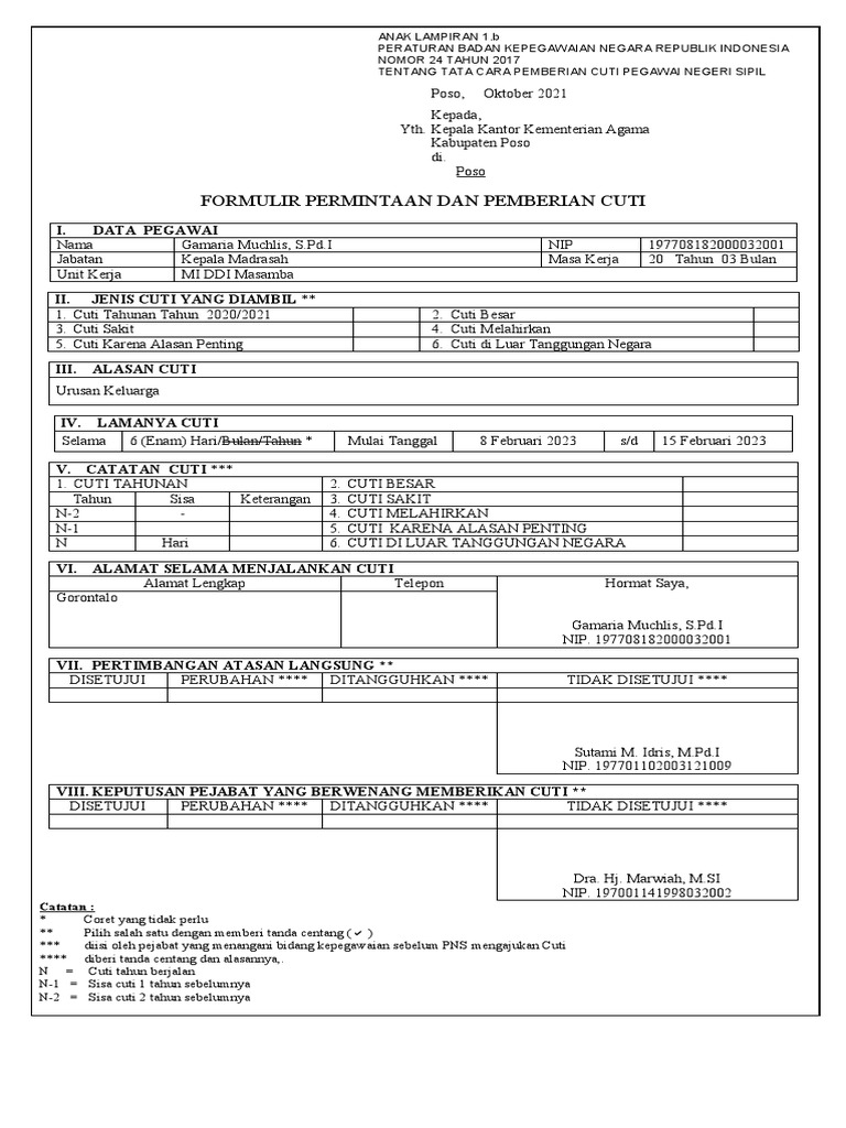 Formulir Cuti Pns Sesuai Perka BKN Nomor 24 Tahun 2017 sETdc | PDF