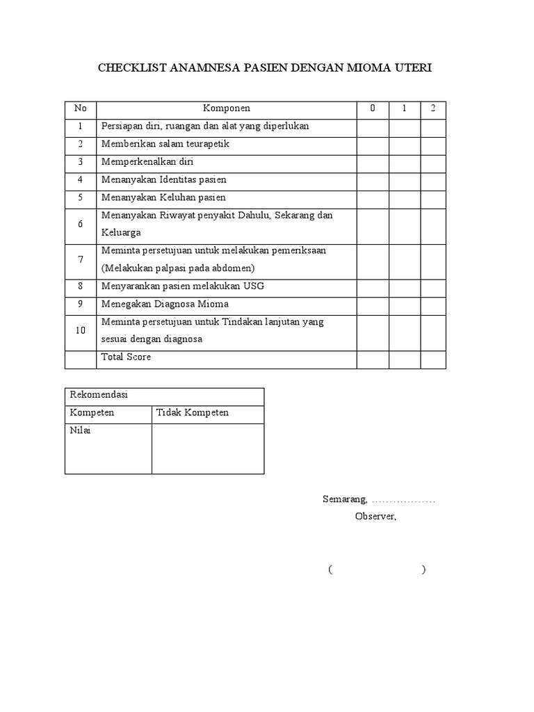 Checklist Anamnesa Pasien | PDF