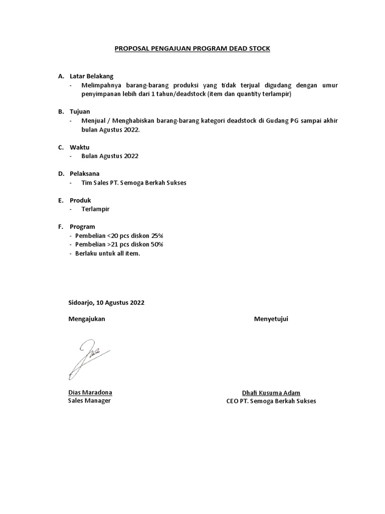 PROPOSAL PENGAJUAN PROGRAM DEAD STOCK Agustus 2022 | PDF