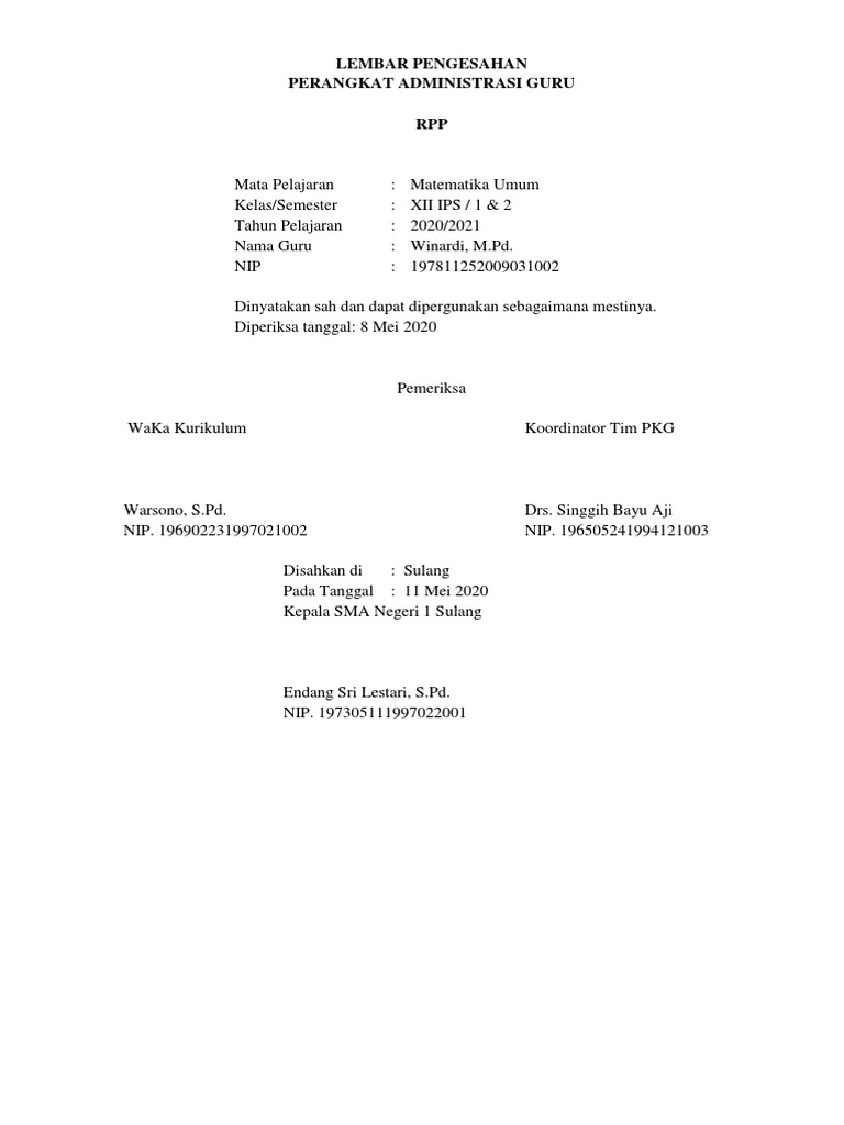 Lembar Pengesahan Administrasi Guru | PDF