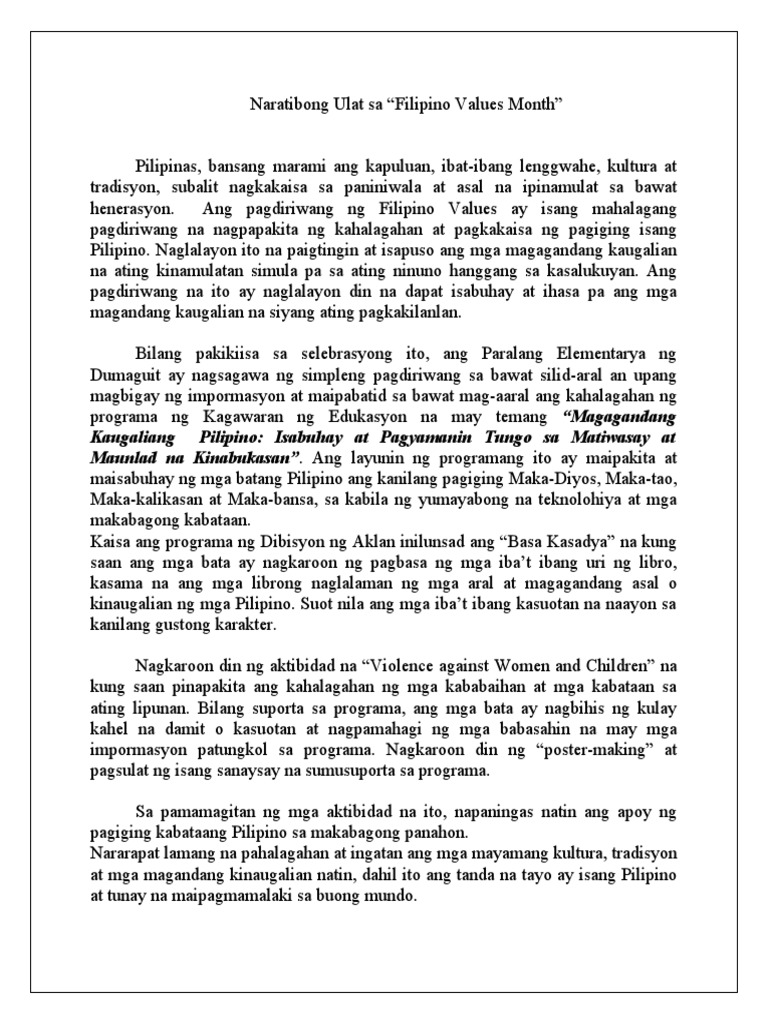 DUMAGUIT ES Filipino Values Month Report | PDF