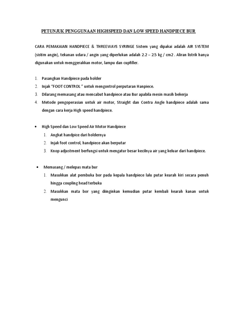 Petunjuk Penggunaan Handpiece Bur | PDF