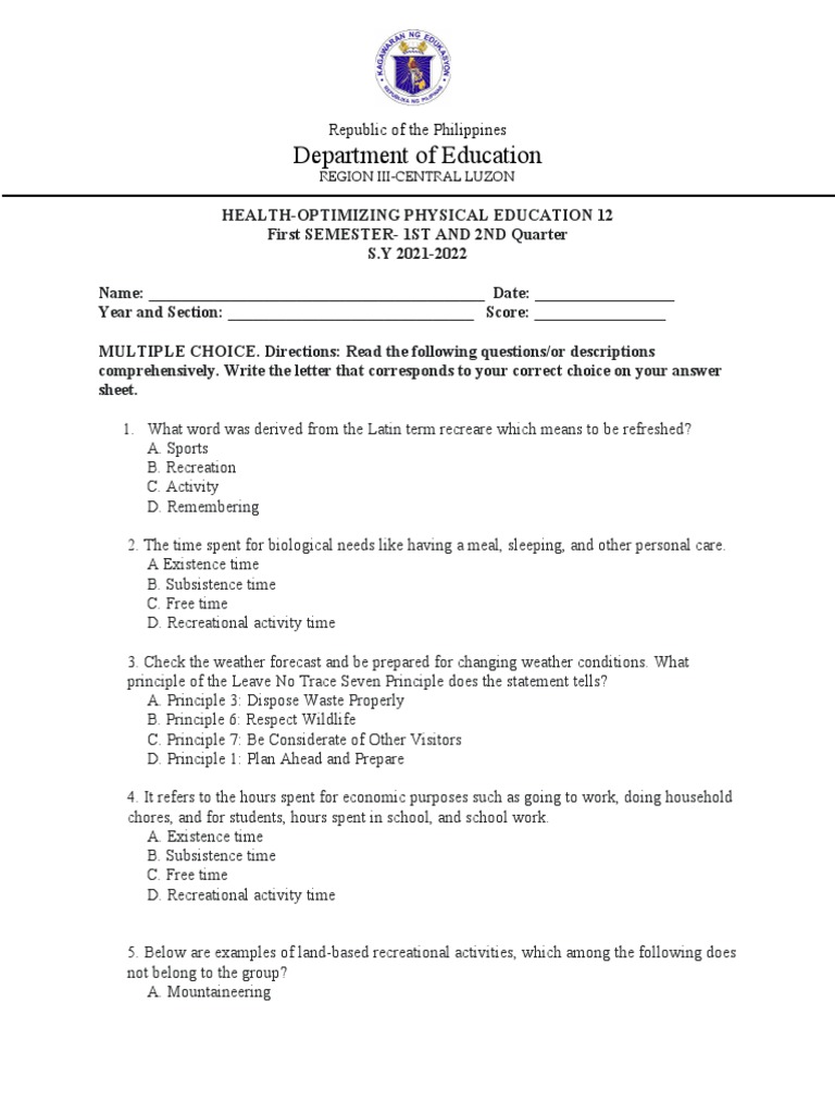 Grade 12 Assessment Tool First Quarter | PDF | Dances | Physical Fitness