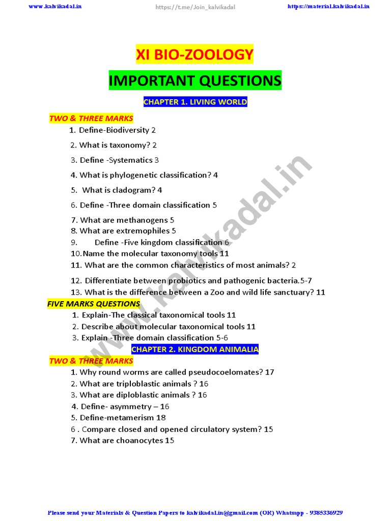 120-11th Bio Zoology - Unit 1-6 Important Questions - English Medium ...