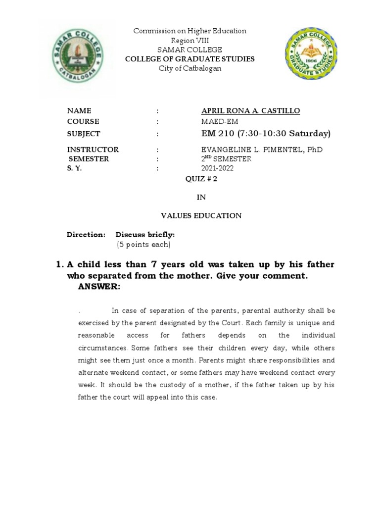 Quiz 2 - Castillo, April Rona A. | PDF | Inclusion (Education) | Employment