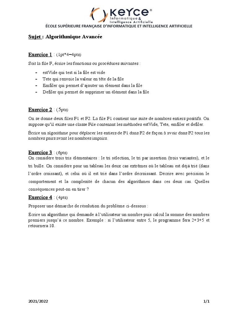 Sujet 1 - Algorithmique Avancee | PDF