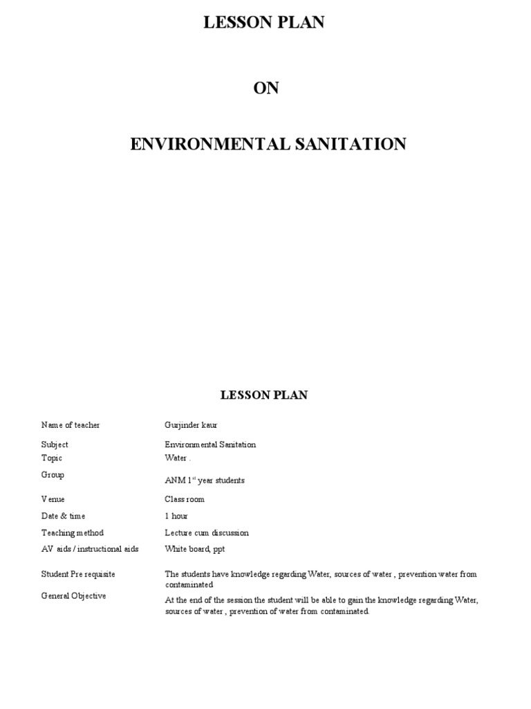 Environmental Sanitation Lesson Plan | PDF | Water | Lesson Plan