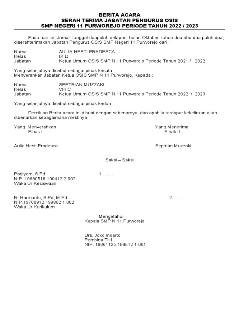 BERITA ACARA Serah Terima Pengurus Osis | PDF