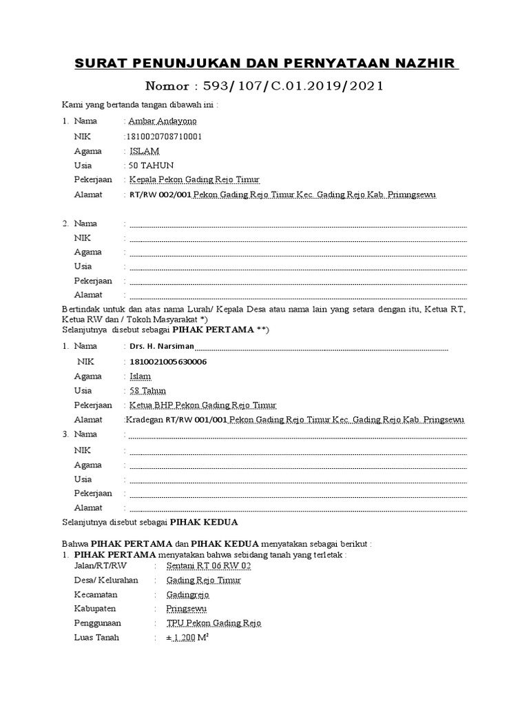 Contoh Surat Penunjukan Dan Pernyataan Nazhir Sementara | PDF