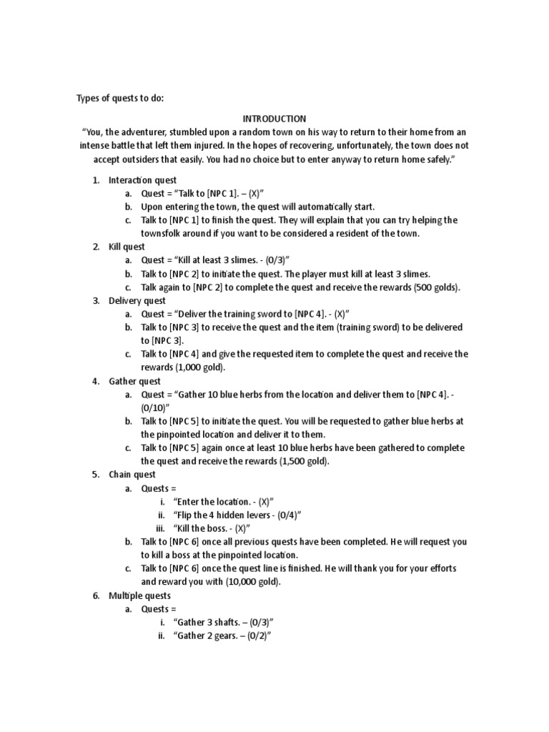 Types of Quests To Do | PDF | Gaming | Role Playing Video Games