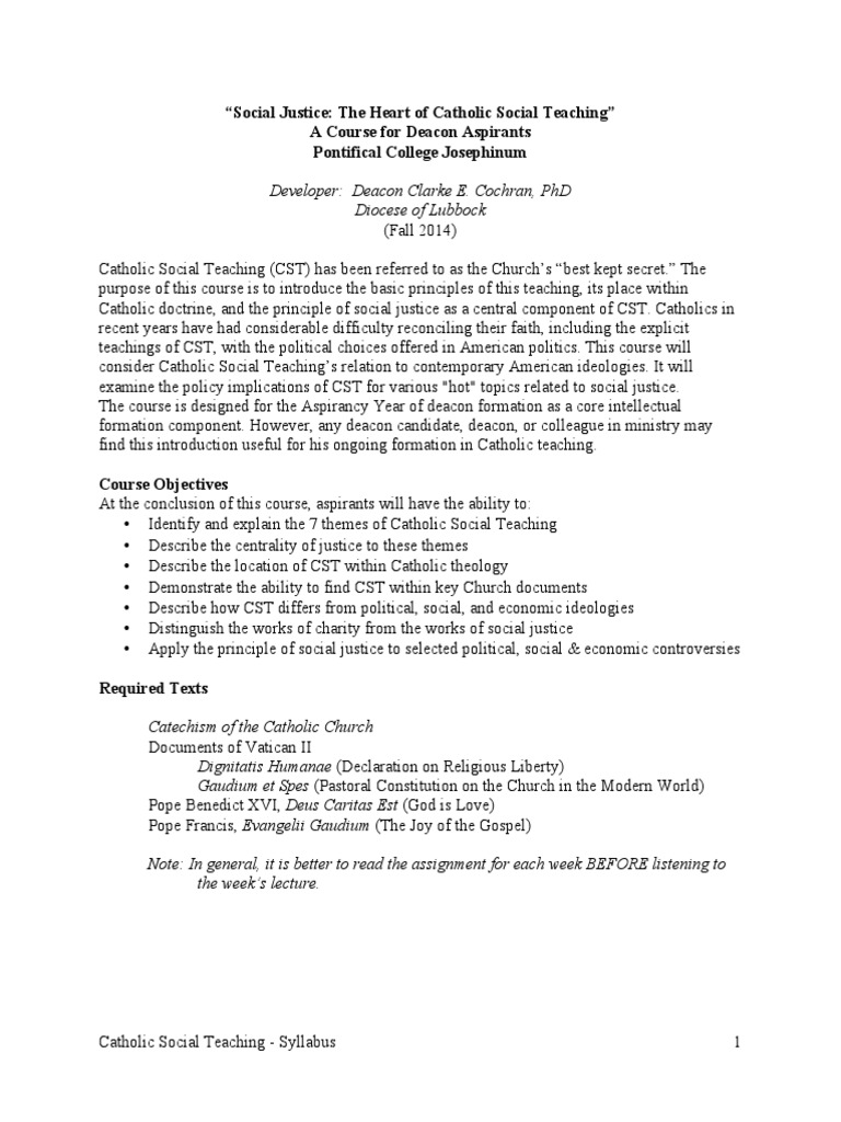 Catholic Social Teaching Course Syllabus | PDF | Catholic Social ...