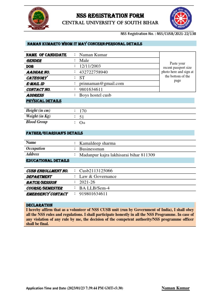 NSS Form 2022-23 | PDF