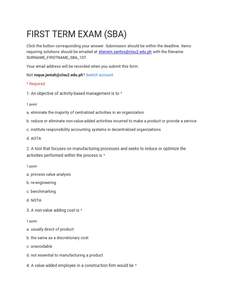 First Term Exam (Sba) : Required | PDF | Book Value | Return On Investment