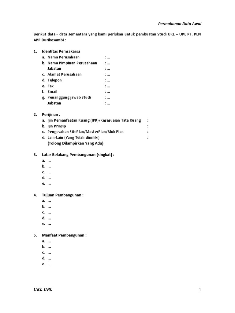 Form Permintaan Data Awal UKL UPL PT PLN | PDF | Teknologi & Rekayasa