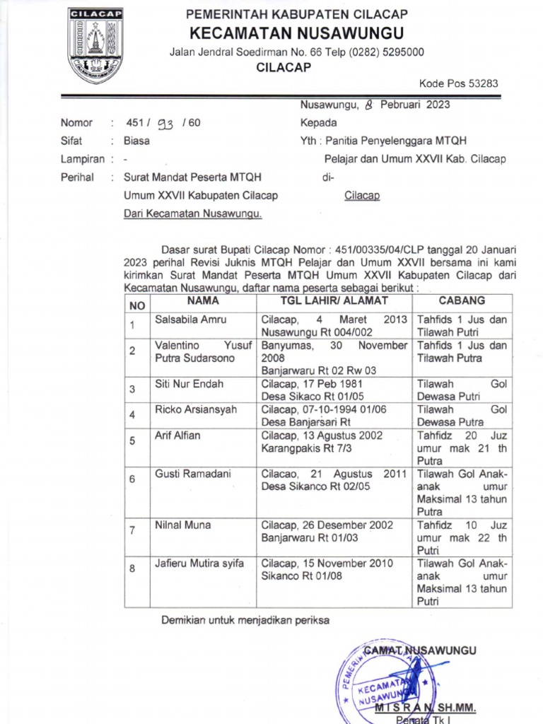 Surat Mandat MTQ Umum 2023 Kec Nusawungu20230209 | PDF