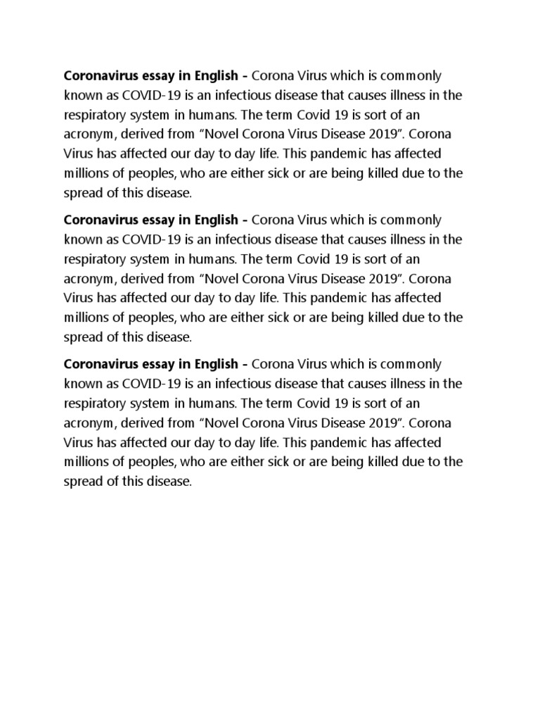 Coronavirus Essay in English - Corona Virus Which Is Commonly | PDF