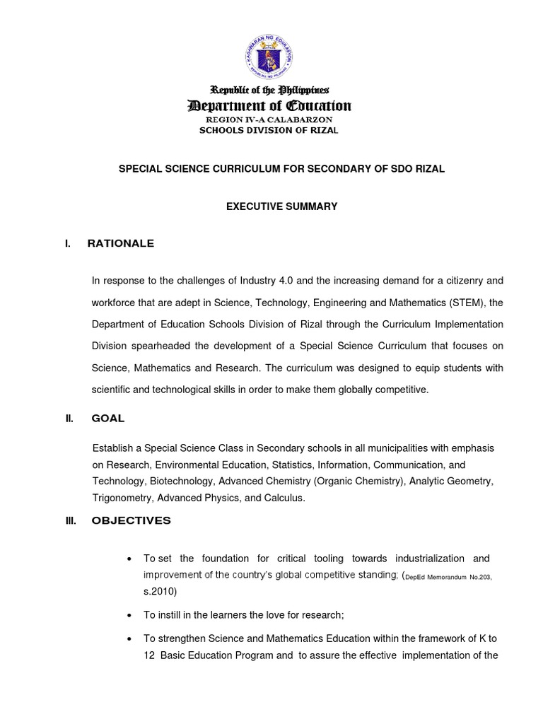 Implementing Guidelines and Policies for the Special Science Curriculum ...
