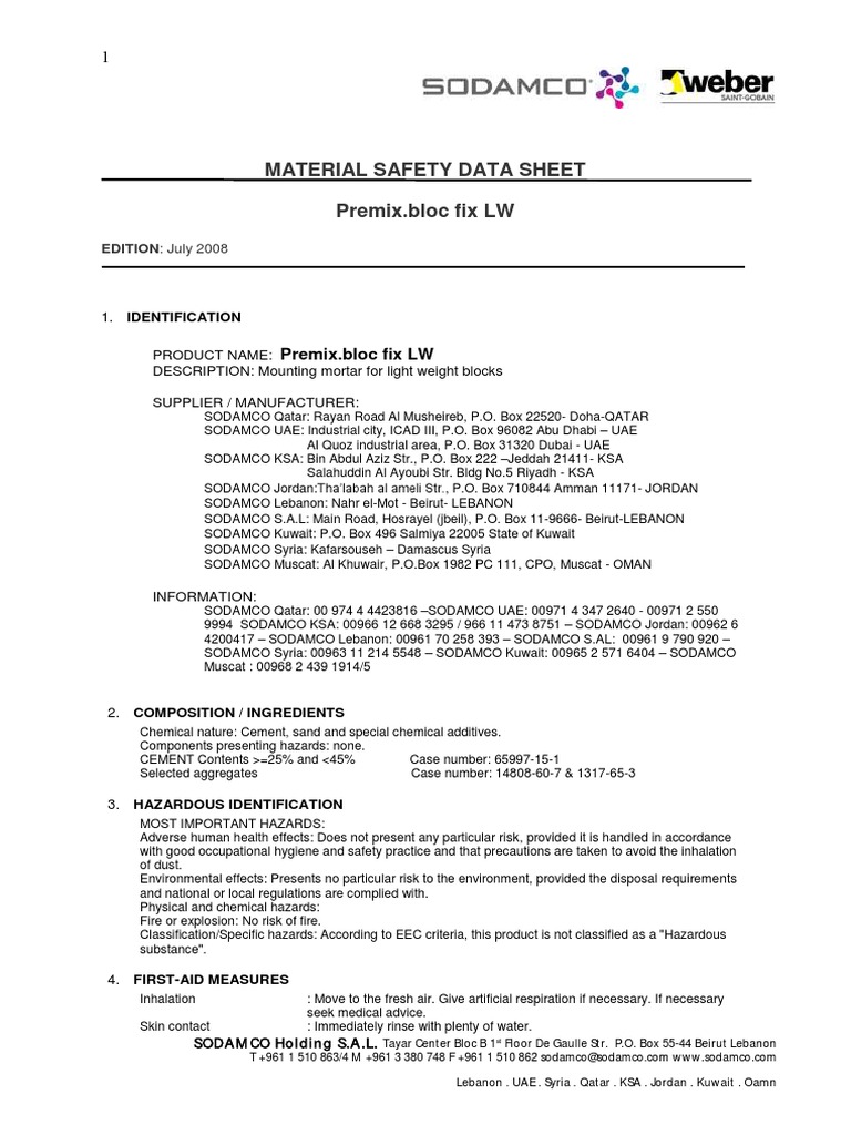 MSDS - Weber - Bloc Fix LW | PDF | Dangerous Goods | Waste Management