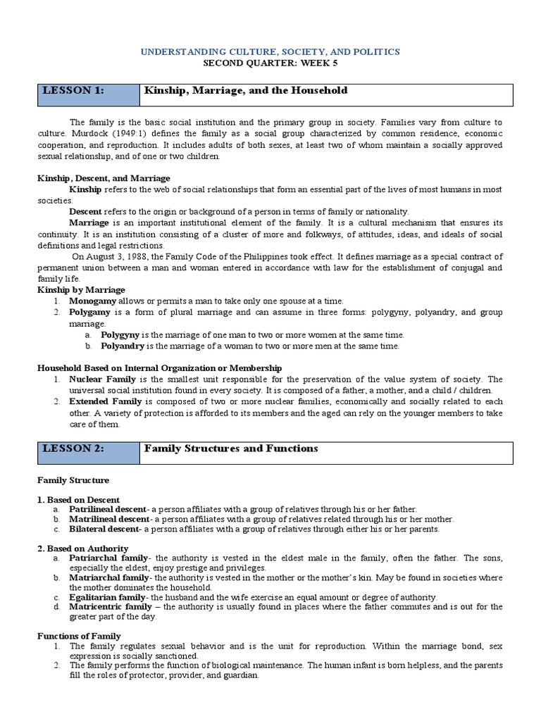 Understanding Culture Week 5 q2 | PDF | Family | Marriage