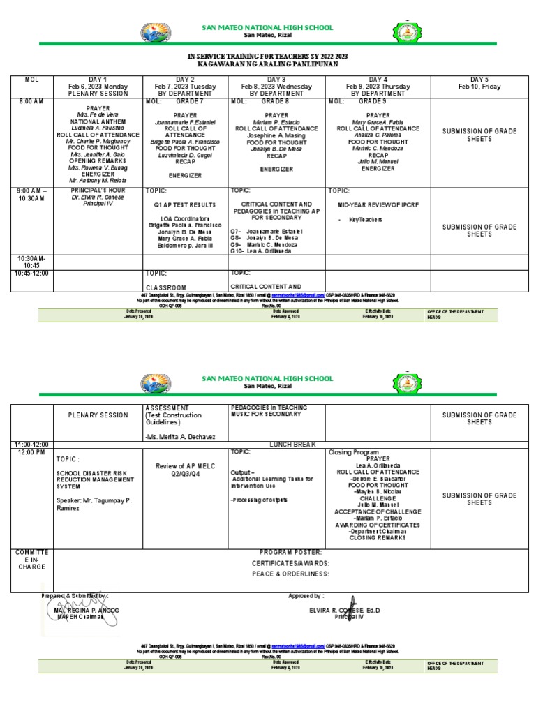 San Mateo National High School In-Service Training Schedule | PDF