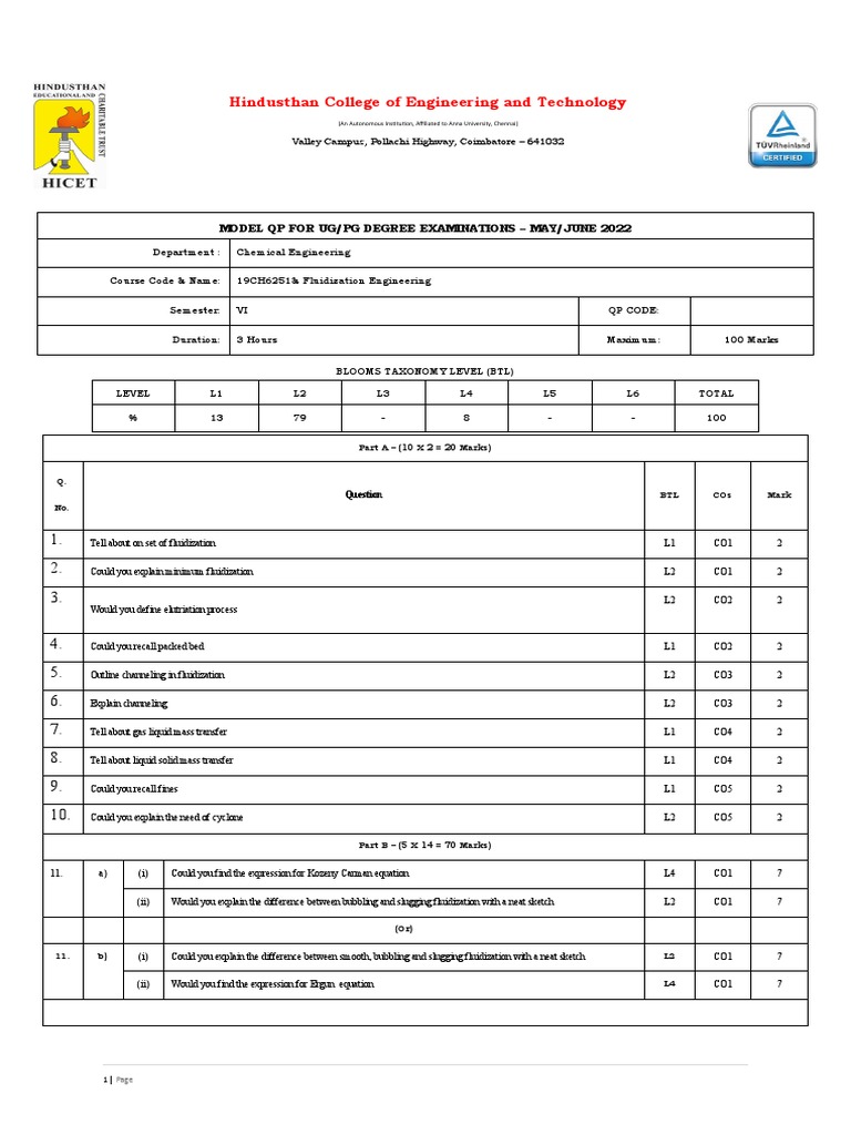 End Sem Fe-Set A | PDF | Fluidization | Chemistry