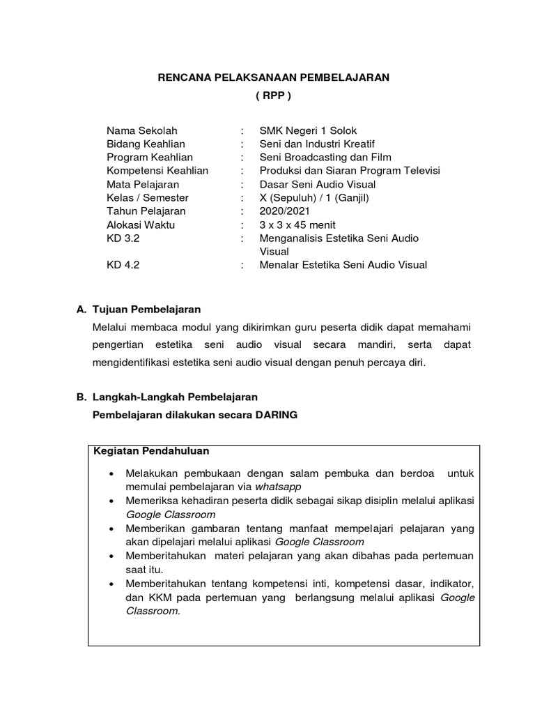 RPP Dasar Seni Audio Visual Kelas X PSPT | PDF