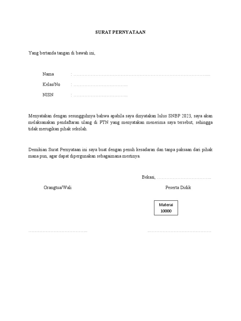 Surat Pernyataan Pendaftaran SNBP 2023 | PDF