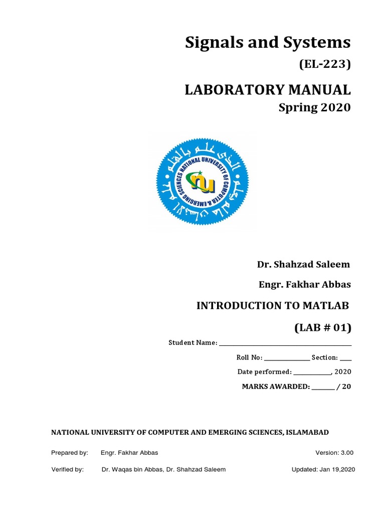 SNS Lab 01 SP 2020 | PDF | Matlab | Mathematics