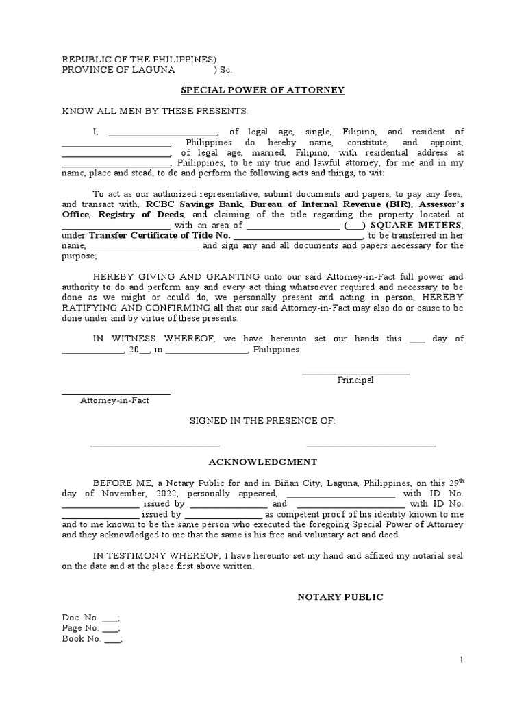 Spa Sample | PDF | Power Of Attorney | Notary Public